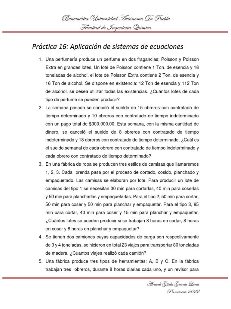 Práctica 16 - Aplicación de Sistemas de Ecuaciones | PDF | Perfume | Fábrica