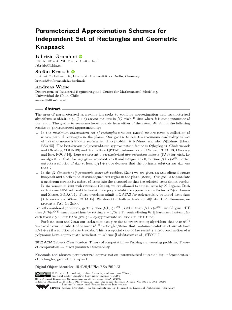 Parameterized Approximation Schemes For IS and Knapsack | PDF | Theoretical Computer Science ...