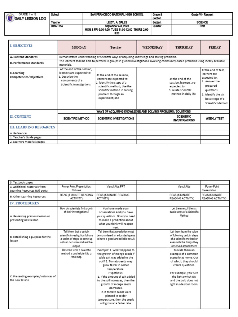 DLL - Science 7 - Quarter 1 | PDF | Scientific Method | Learning