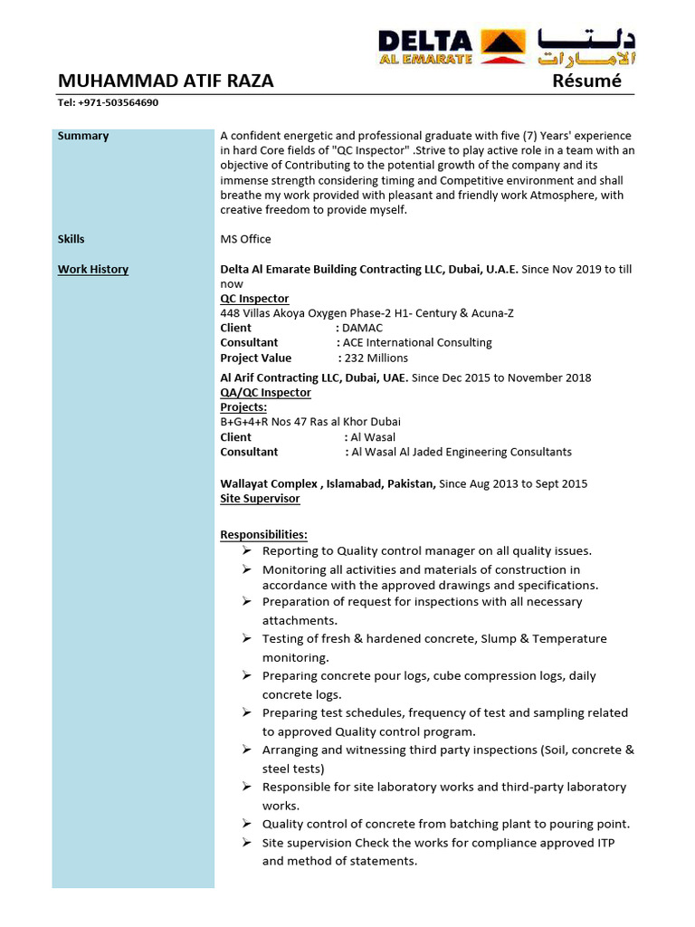 Atif Raza (QC Inspector) Delta Formate .. | PDF | Concrete