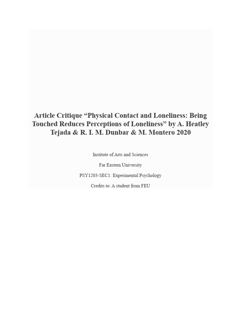 Physical Contact and Loneliness - Being Touched Reduces Perceptions of ...