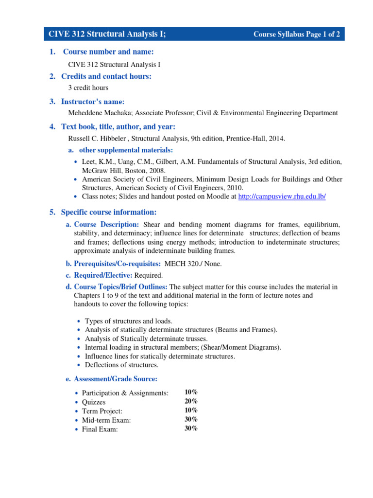 CIVE 312 Structure I - Syllabi - ABET 2024 | PDF | Structural Analysis | Beam (Structure)