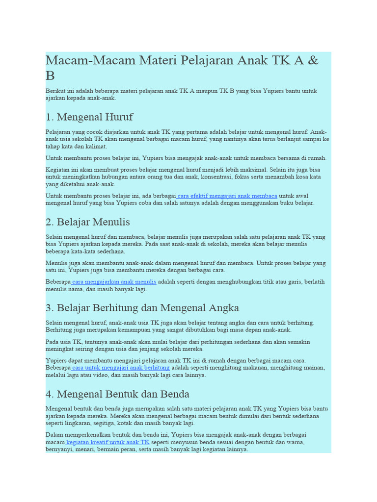 Panduan Pelajaran ANAK TK PAUD | PDF