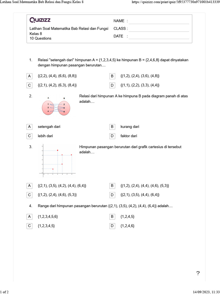 Latihan Soal Matematika Bab Relasi Dan Fungsi Kelas 8 | PDF