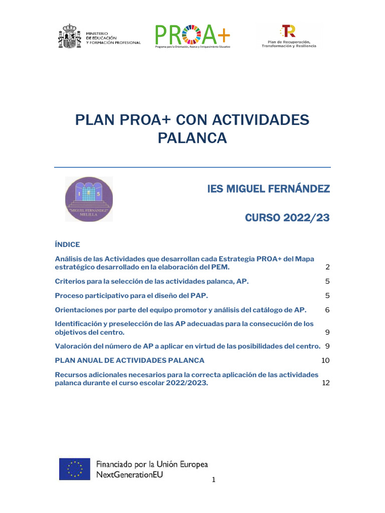 Plan Proa+ Con Actividades Palanca. 2022-23 | PDF | Aprendizaje ...