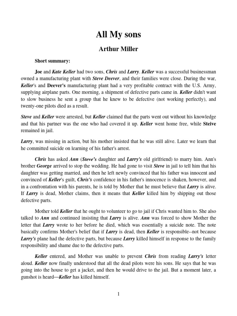 Summary of "All My Sons" by Arthur Miller | PDF