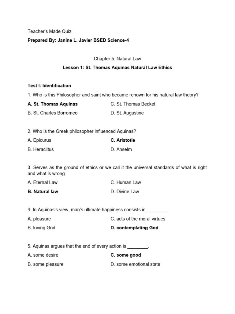 CHAPTER 05 LESSON 01 St. Thomas Aquinas Natural Law Ethics JAVIER | PDF