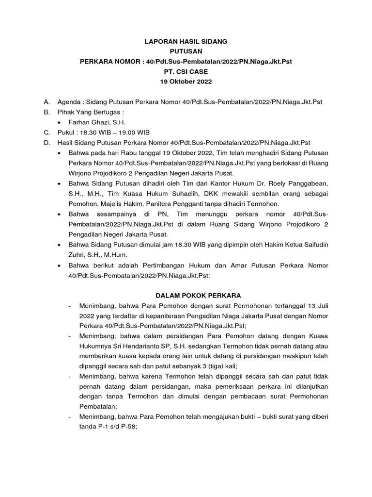 Laporan Hasil Sidang Putusan PT. CSI 19 Oktober 2022 | PDF
