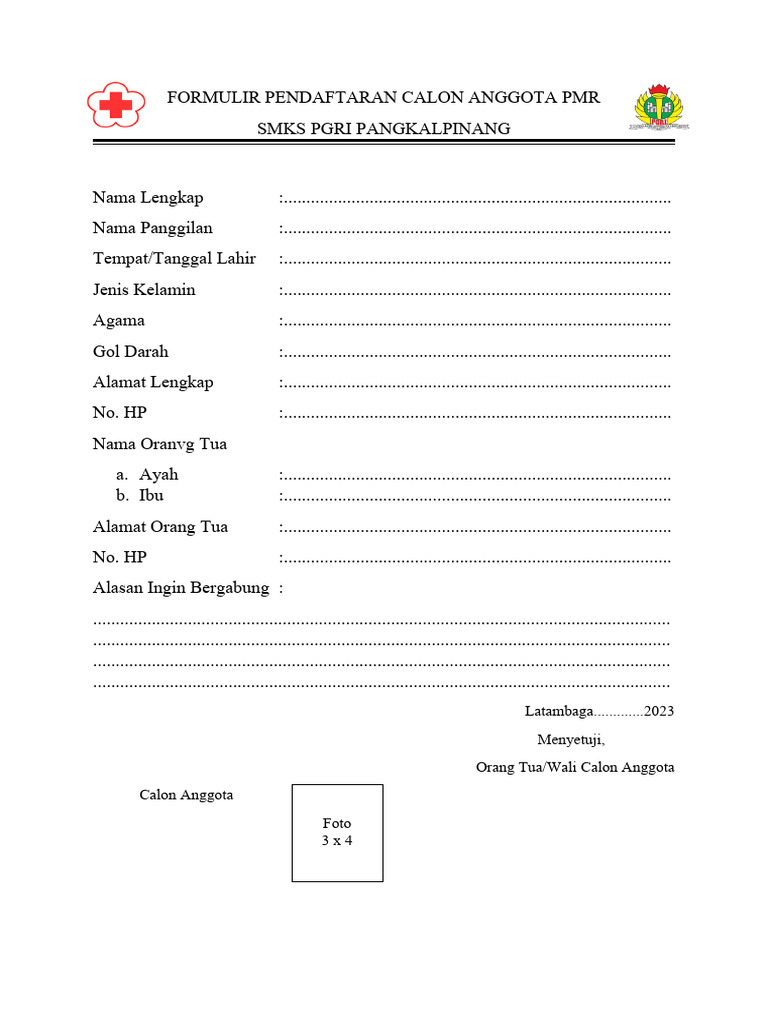 Formulir Pendaftaran Calon Anggota PMR | PDF