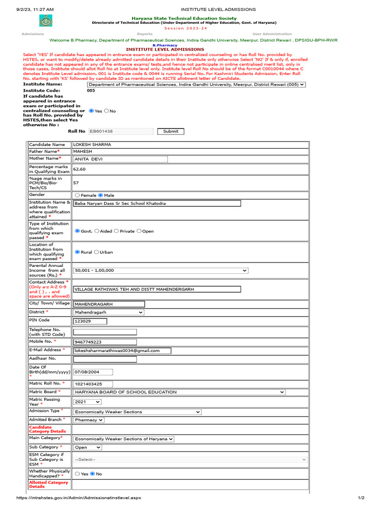 INSTITUTE LEVEL ADMISSIONS Form 3 | PDF