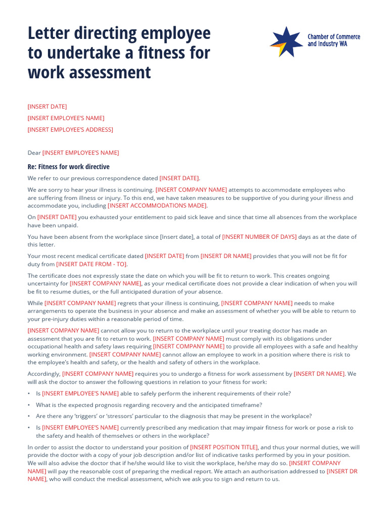 0121 Letter Directing Employee To Undertake Fitness Work Assessment ...