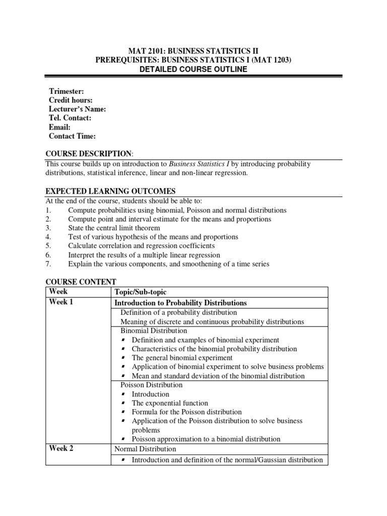 Course Outline Business Stats II | PDF | Regression Analysis | Normal ...