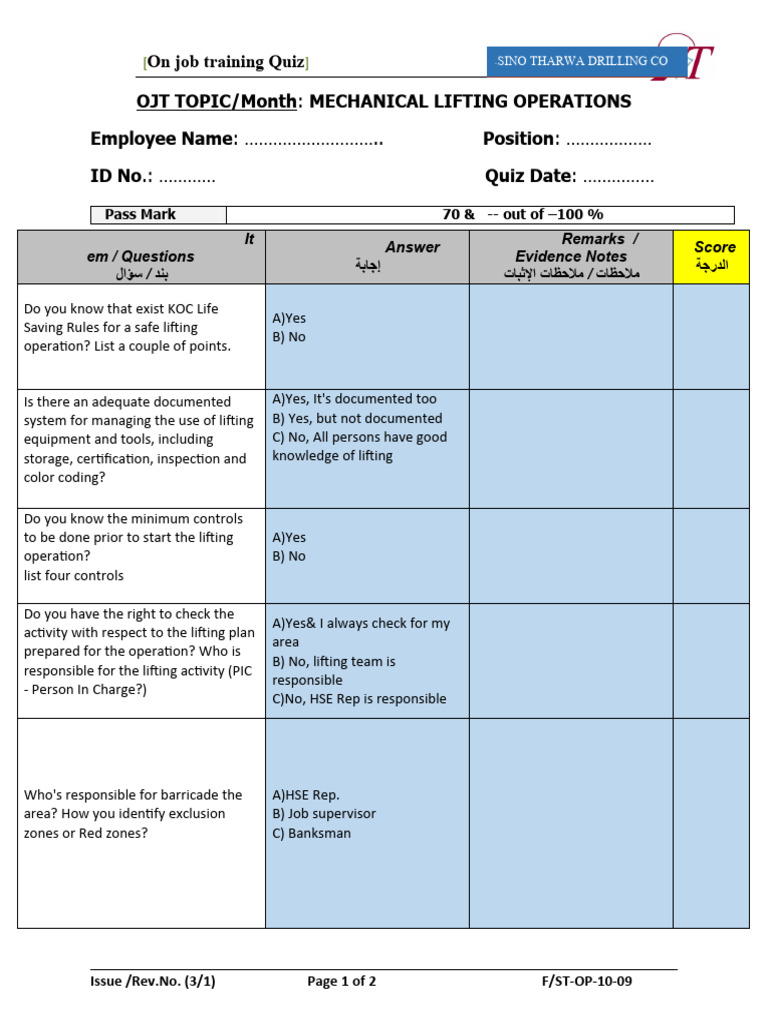 MECHANICAL LIFTING OPERATIONS Quiz | PDF