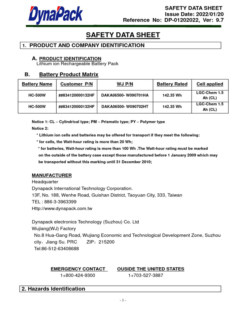 Dynapack HC500W Battery MSDS - 2022-A00095683enw | PDF | Dangerous Goods | Rechargeable Battery