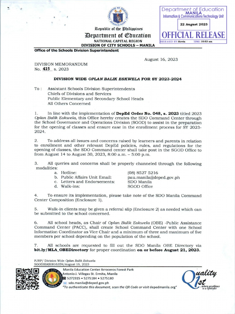 DM 415 S. 2023 DIVISION WIDE OPLAN BALIK ESKWELA FOR SY 2023-2024 ...