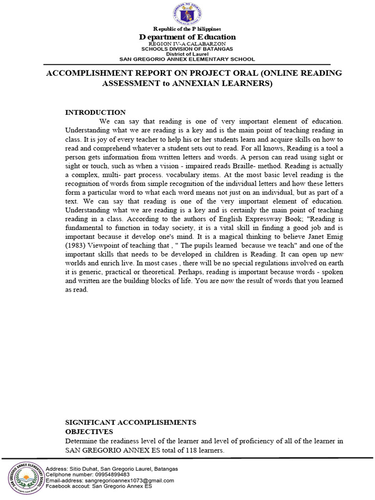 Accomplishment Report On Online Reading Assessment | PDF | Reading Comprehension | Communication