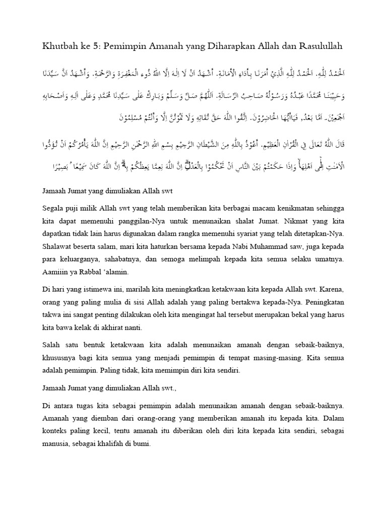 Khutbah ke 5 Pemimpin Amanah yang Diharapkan Allah dan Rasulullah | PDF