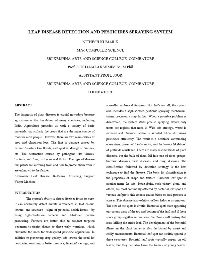 Leaf Disease Detection And Pesticides Spraying System Pdf Cluster Analysis Image Segmentation