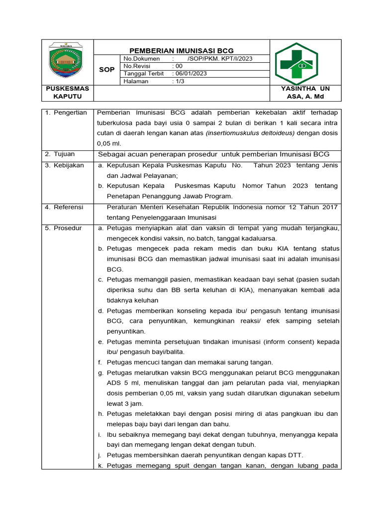 Prosedur Imunisasi BCG Bayi | PDF