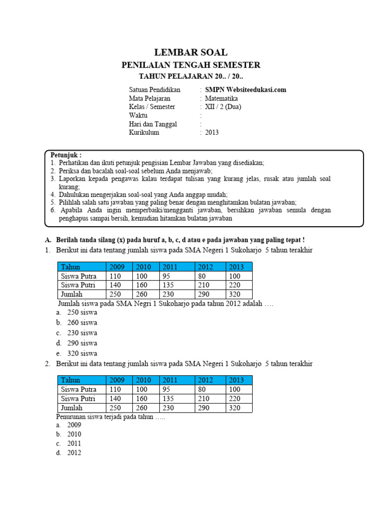 Soal PTS 2 MTK Kelas Xii K13 | PDF