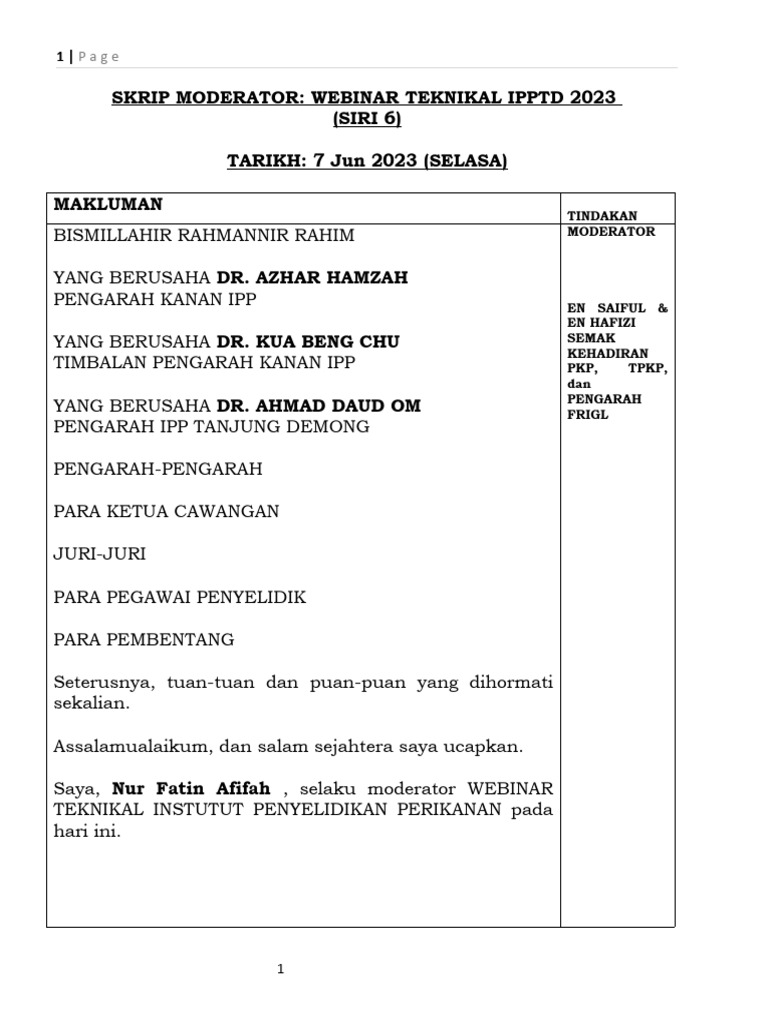 Skrip Moderator (Fatin) Webinar Teknikal Ipp Tanjung Demongi | PDF