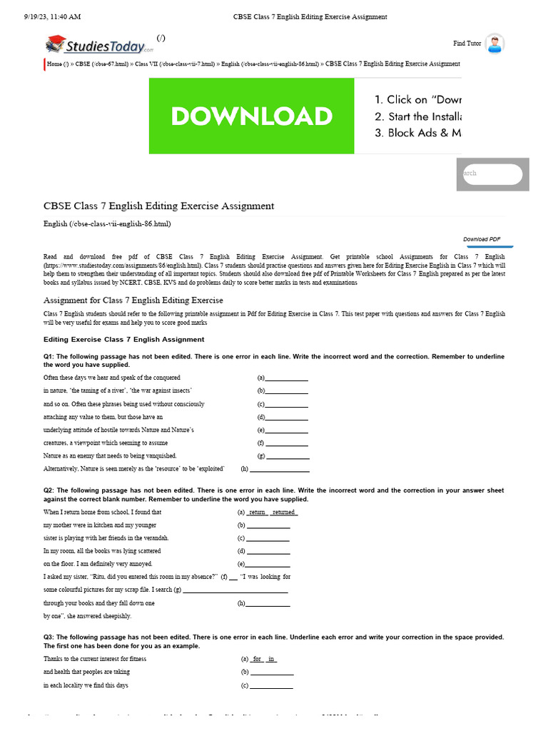 CBSE Class 7 English Editing Exercise Assignment | PDF | English ...