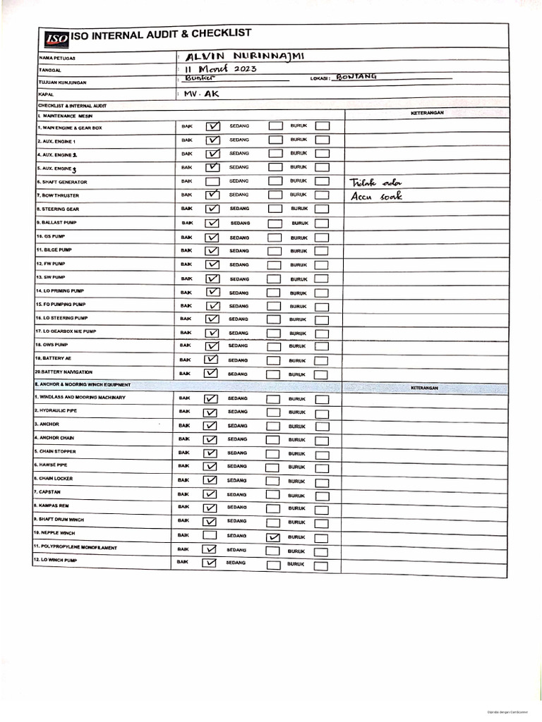 Checklist Audit MV. AK | PDF