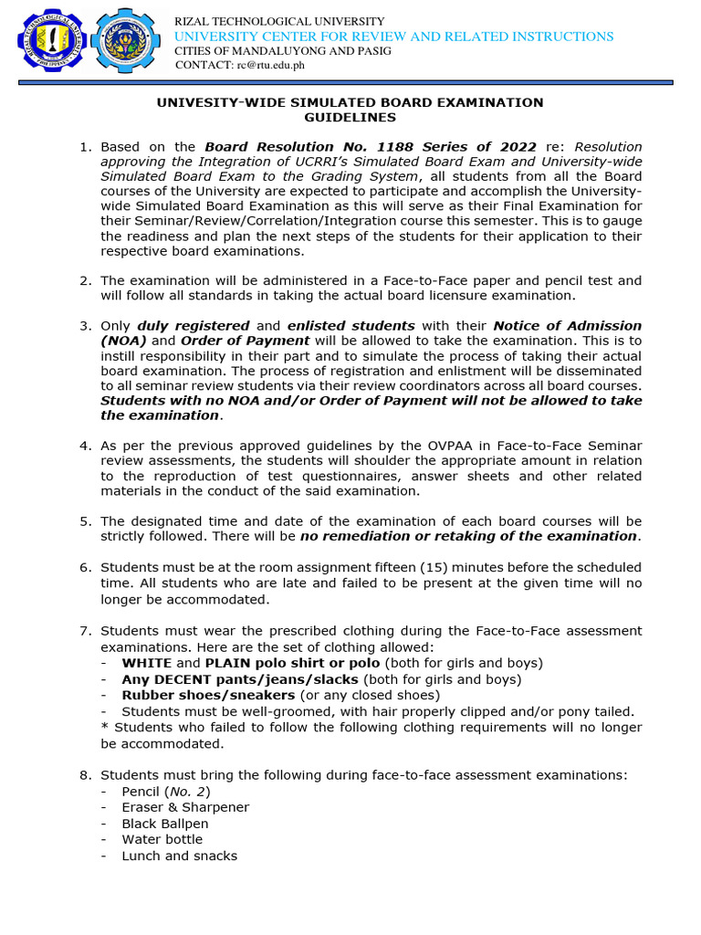 RTU Simulated Board Exam Guidelines | PDF | Career & Growth