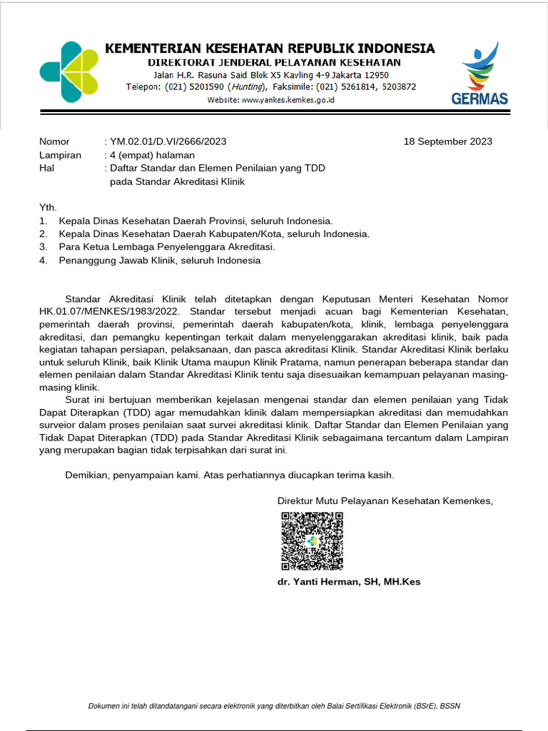 Daftar Standar Dan Elemen Penilaian Yang TDD Pada Standar Akreditasi Klinik | PDF