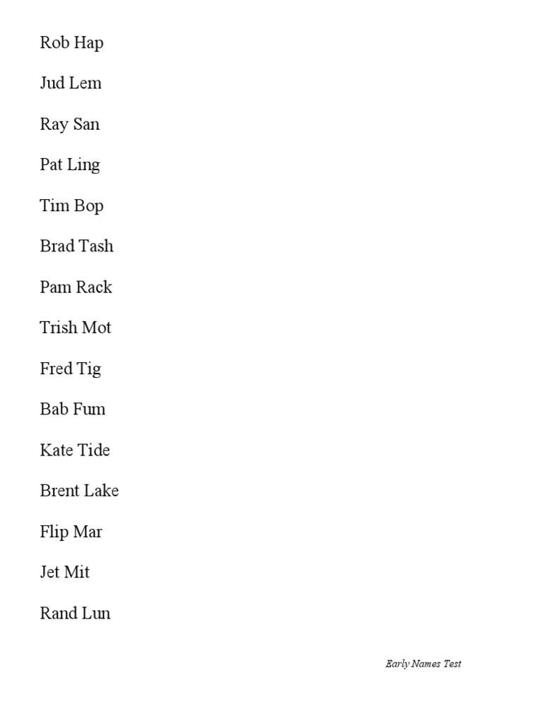 Early Names Test List | PDF