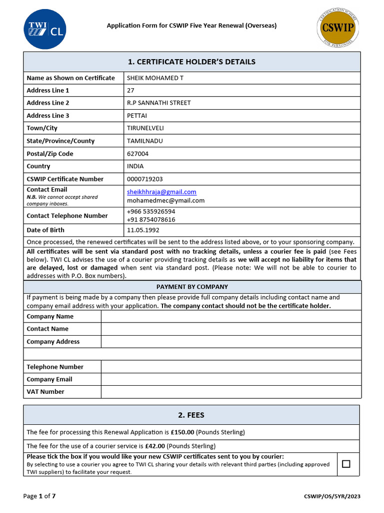 Application Form For CSWIP 5 Year Renewal (Overseas) - v6 | PDF | Debit ...