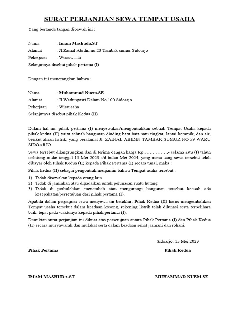 SURAT PERJANJIAN SEWA KONTRAK RUKO Pihak | PDF