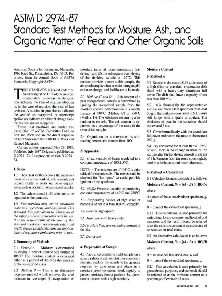 A5TM D 2974 87 Standard Test Methods For | PDF | Soil | Chemistry