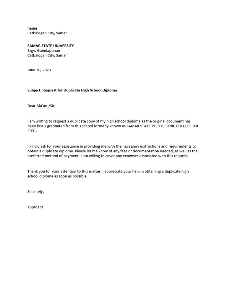 Request for Duplicate High School Diploma | PDF