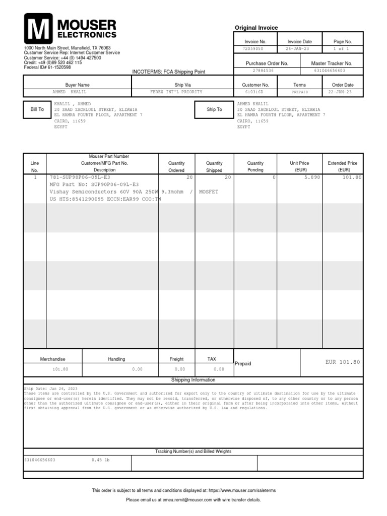 MOUSER Invoice 72059050 | PDF | Trade | Service Industries