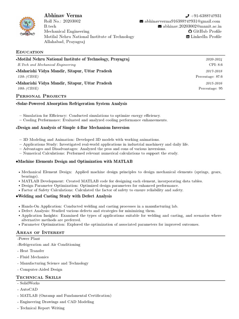 NIT Allahabad Resume 5 | PDF | Mechanical Engineering | Engineering