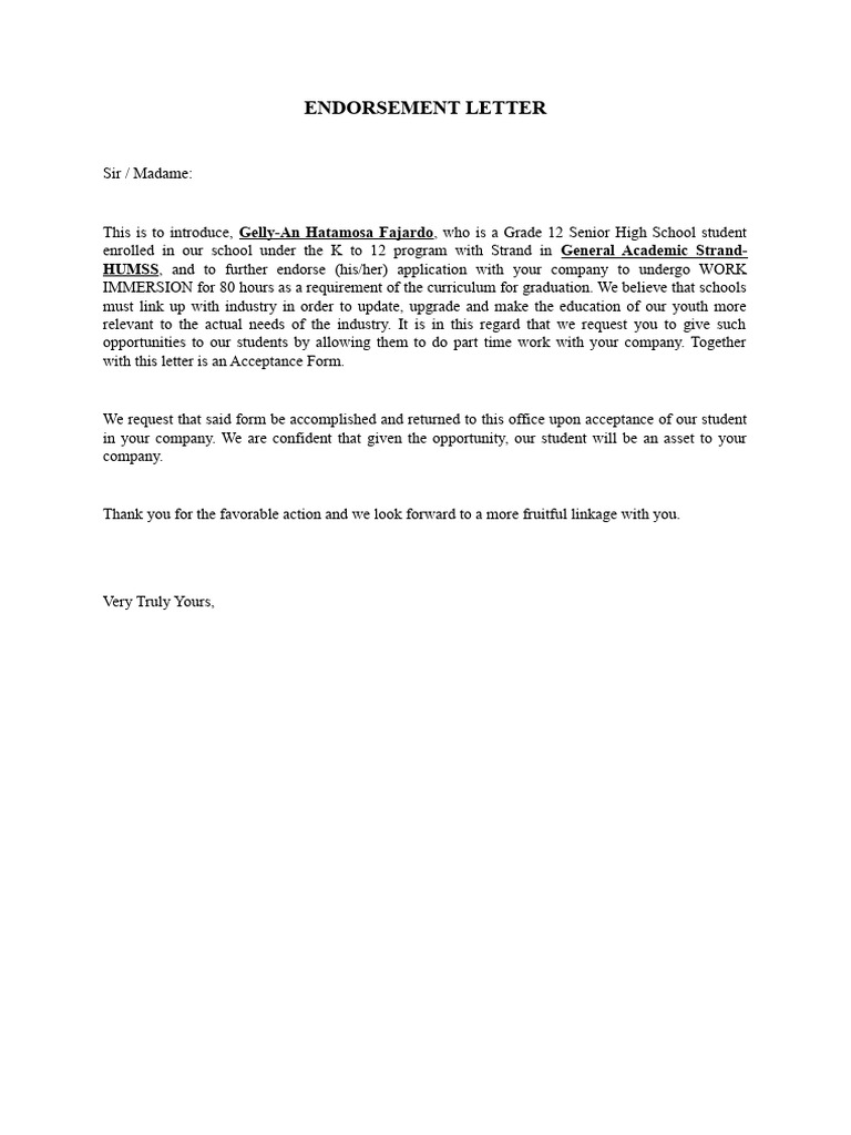 Endorsement Letter for Work Immersion | PDF | Career & Growth | Business
