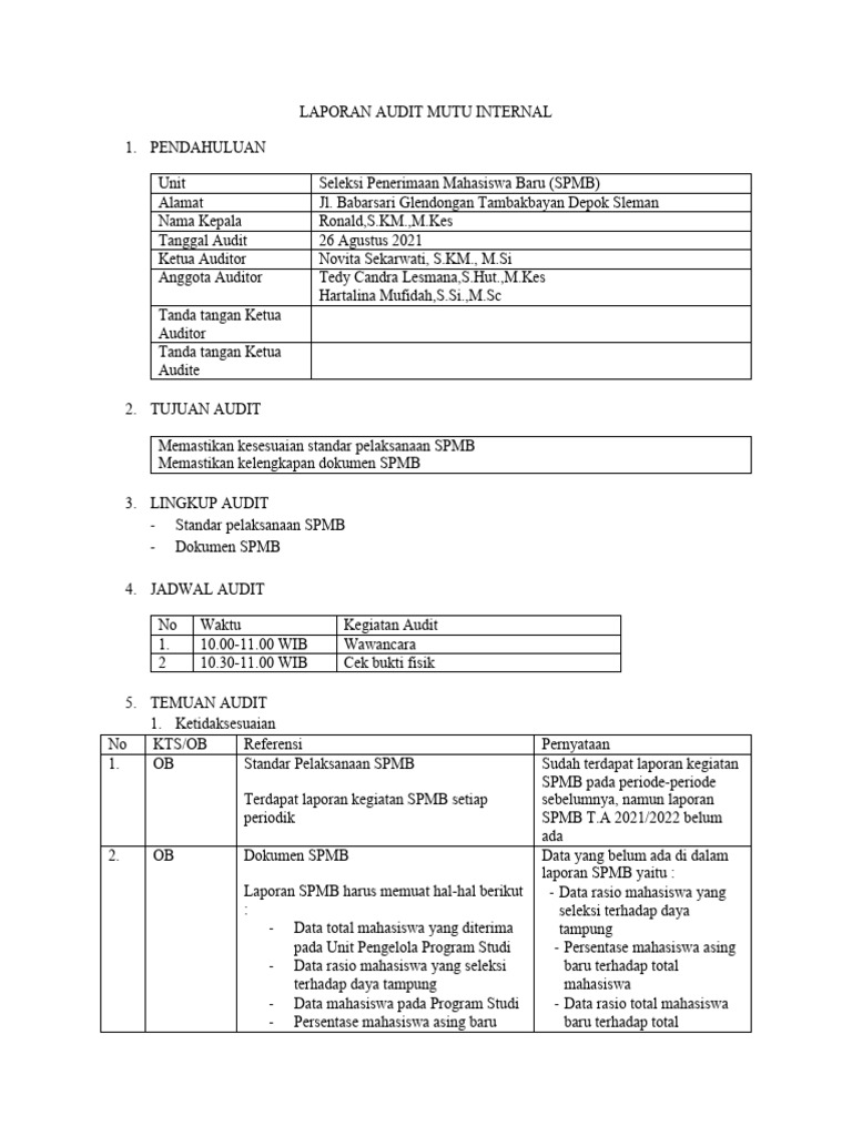 Laporan Audit Mutu Internal SPMB 2020-2021 | PDF