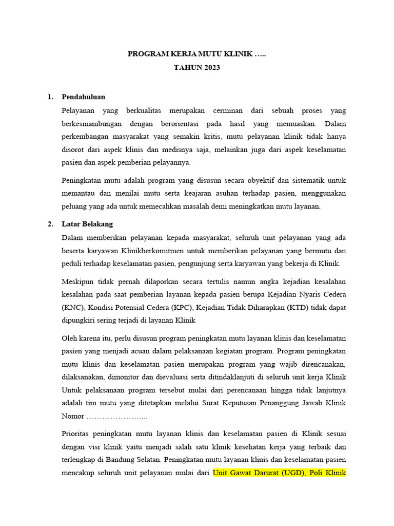 Program Kerja Mutu Klinik | PDF
