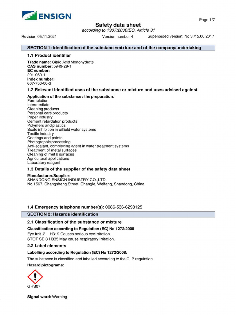 MSDS - Citric Acid Mono Weifang (C) | PDF