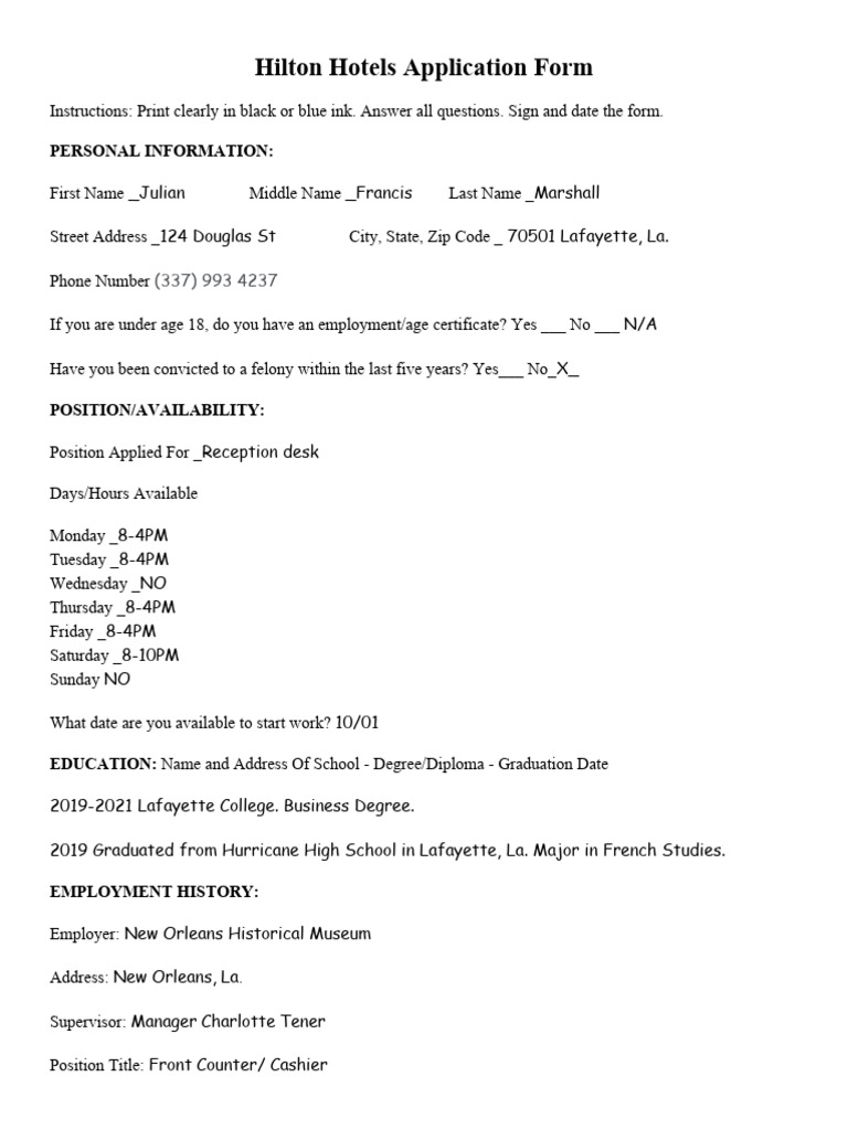3 - CE Hilton CompletedJobApplicationForm | PDF | Career & Growth ...