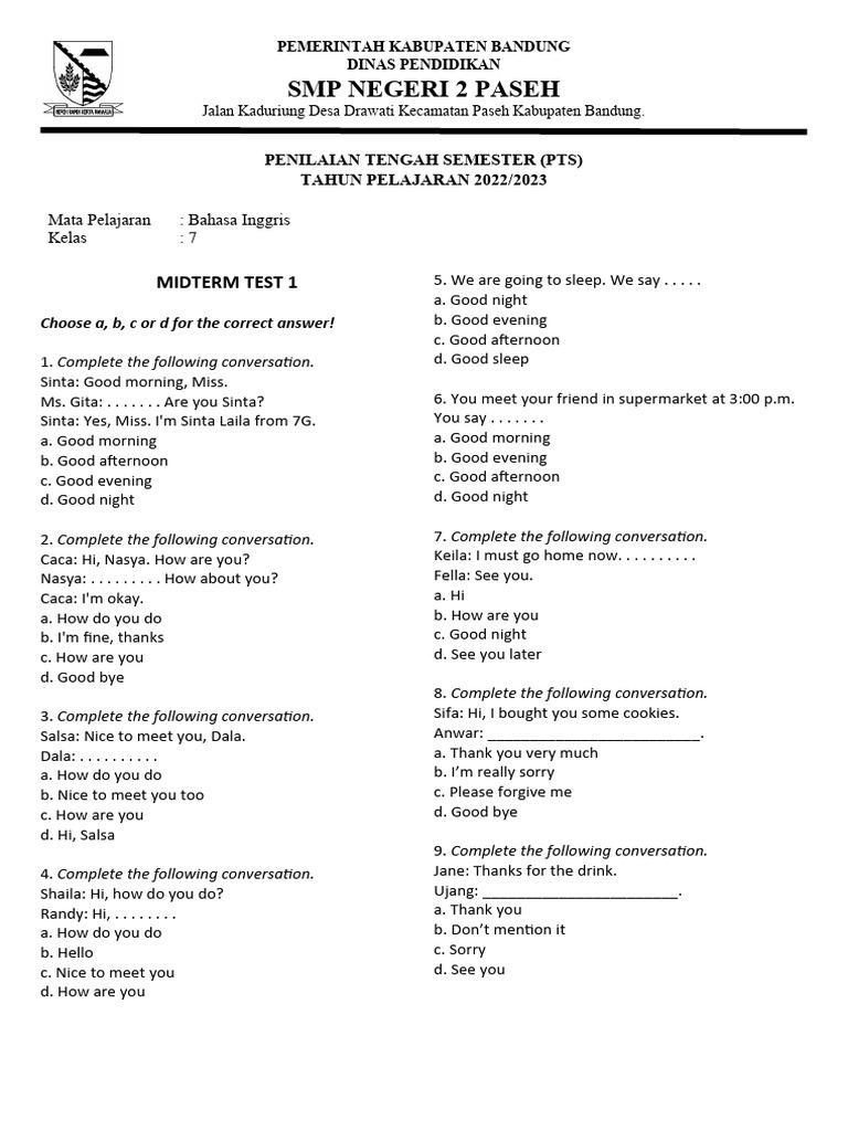PTS Bahasa Inggris Kelas 7 Sem 1 | PDF | Interpersonal Relationships | Social Institutions
