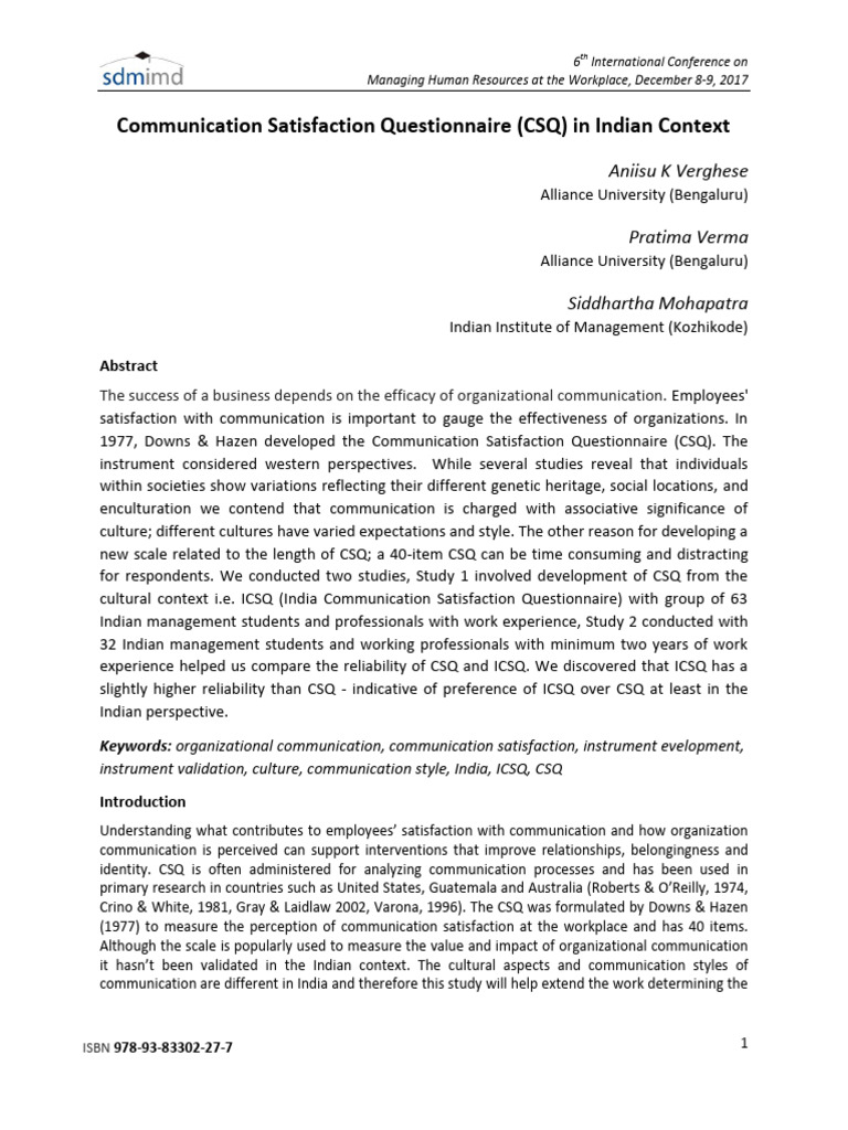 Communication Satisfaction Questionnaire | PDF | Job Satisfaction ...