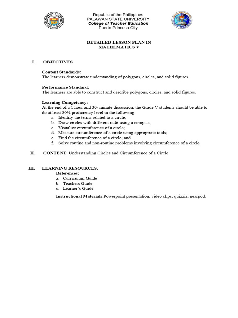 Grade V Mathematics Lesson Plan: Circles | PDF | Circle
