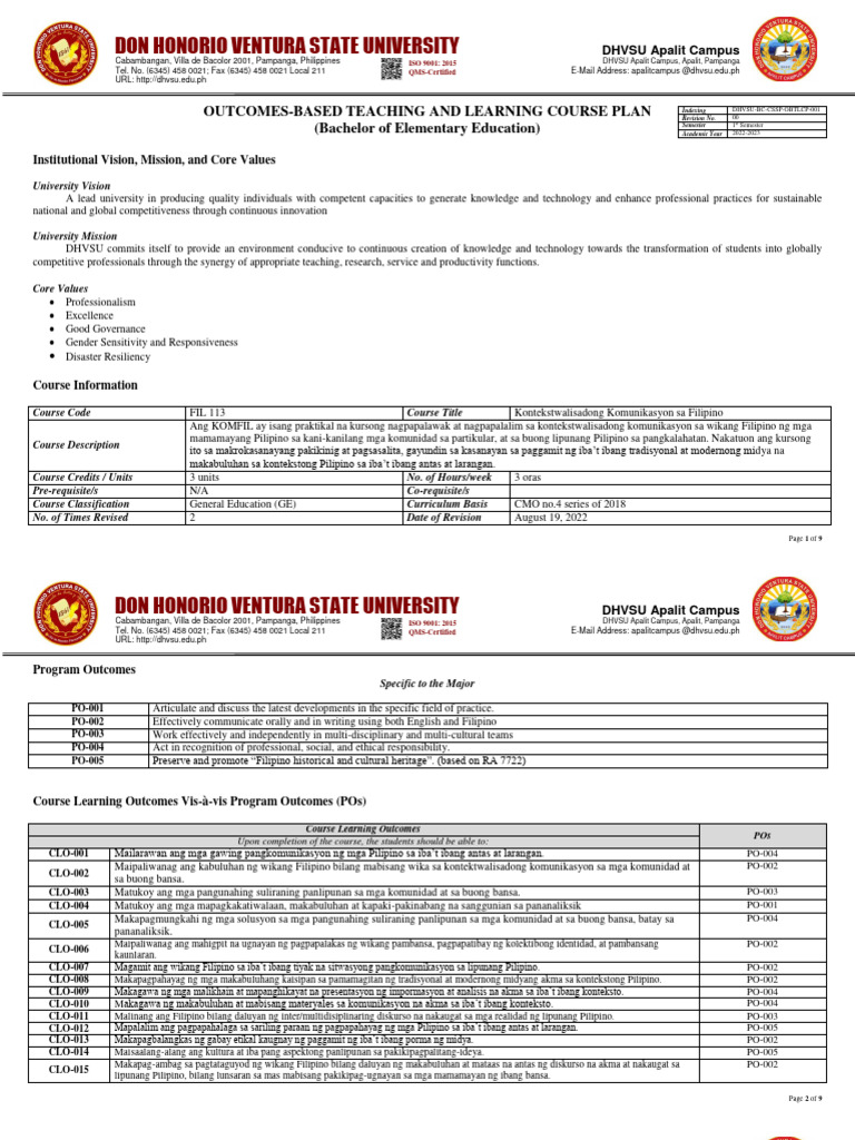 KonKom 113 Course Syllabus 1 | PDF | Philippines