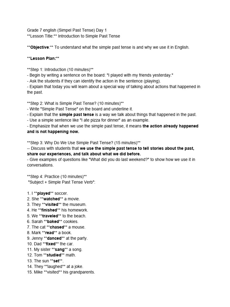 Simple Past Tense Lesson for Grade 7 | PDF | Grammatical Tense ...