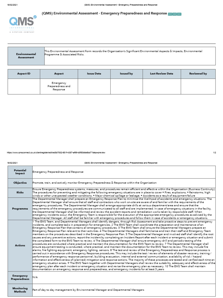 (QMS) Environmental Assessment - Emergency Preparedness and Response | PDF | Emergency ...