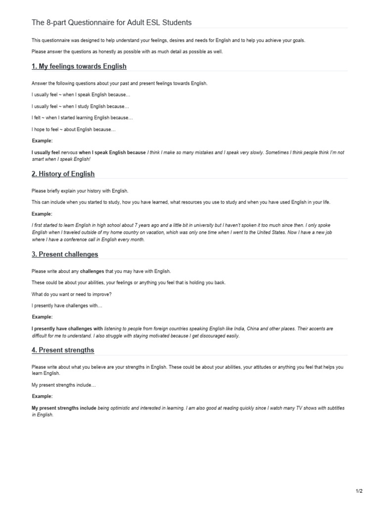 ESL Student Needs Questionnaire | PDF | English Language | Goal
