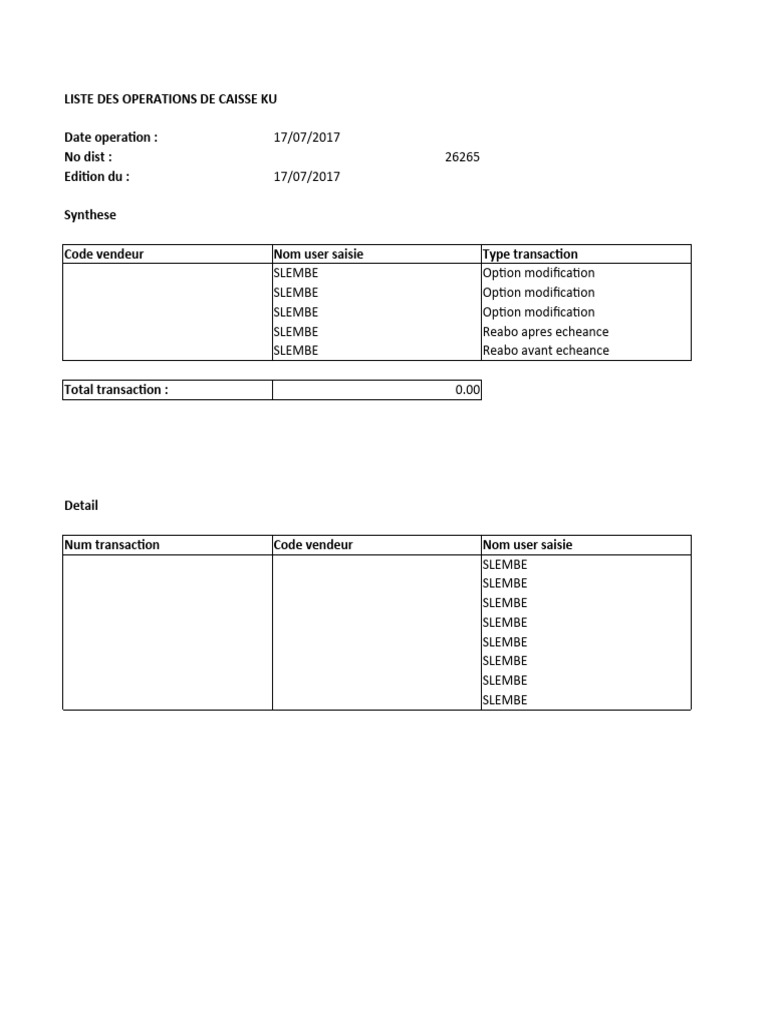 Rapport Operation de Caisse KU 26265 SLEMBE 17-07-2017 | PDF