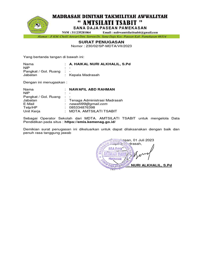 Contoh SK Tugas Penugasan Operator Sekolah Di SDM 2023 | PDF